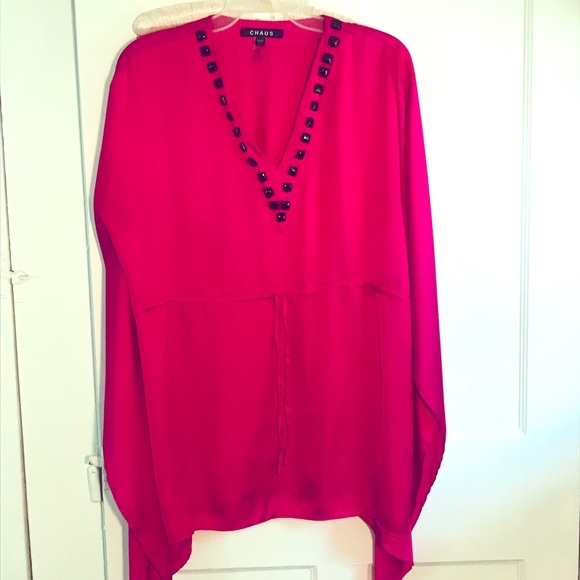 Chaus | Tops | Bright Pink Satin Top With Black Stones | Poshmark